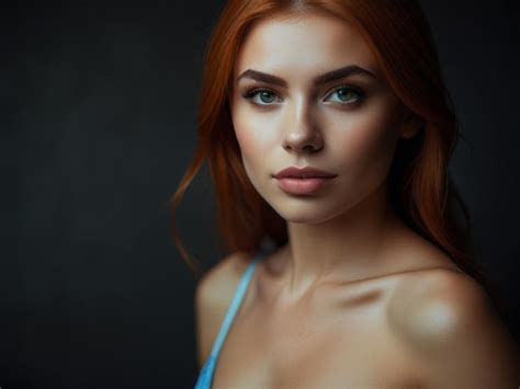 A Woman With Red Hair And A Blue Bra On Her Chest Premium AI