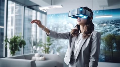 Premium Photo Woman Wearing Virtual Reality Glasses In An Augmented Reality Workspace Digital