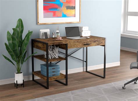Computer Gaming Desk Brown Reclaimed Wood 3 Drawers Black Metal Decoelegance