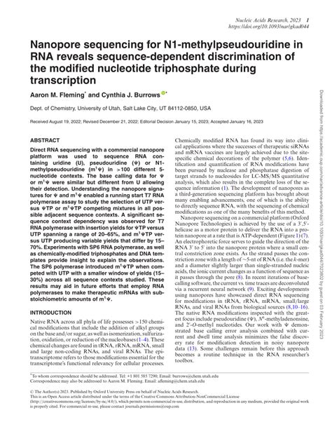 Pdf Nanopore Sequencing For N1 Methylpseudouridine In Rna Reveals Sequence Dependent