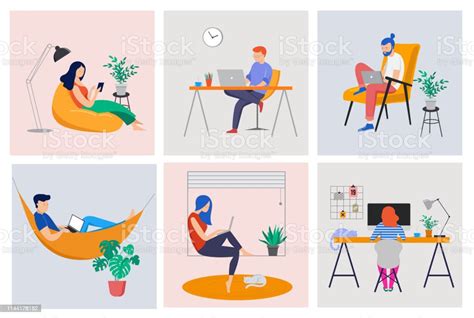 집에서 작업 공동 작업 공간 개념 그림 젊은 사람들 집에서 일 하는 남자와 여자 프리랜서 벡터 평면 스타일 일러스트 재택근무에 대한 스톡 벡터 아트 및 기타 이미지 Istock