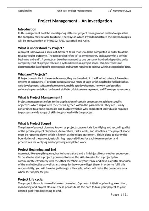 Unit 9 - IT Project Management Assignment 1 (Learning Aim A ...
