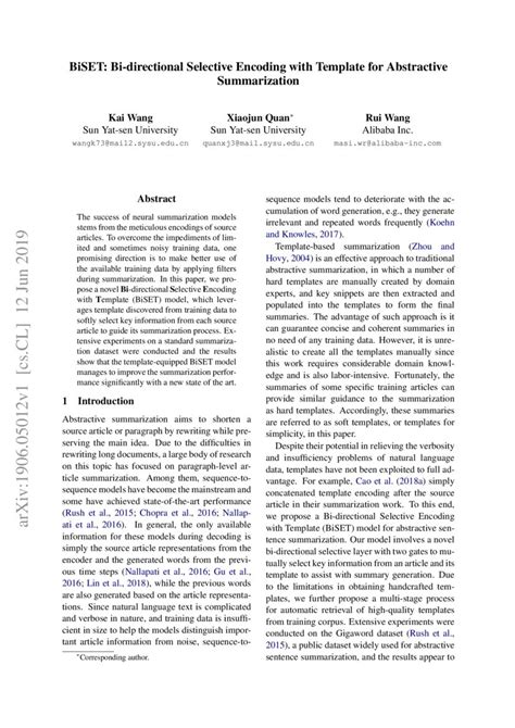 Biset Bi Directional Selective Encoding With Template For Abstractive