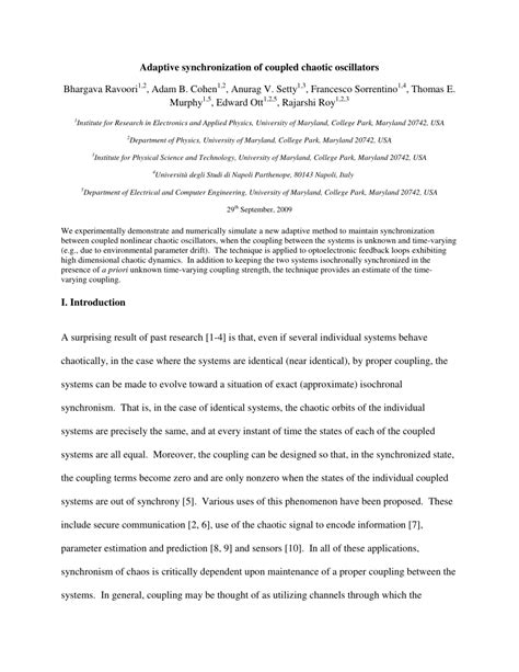Pdf Adaptive Synchronization Of Coupled Chaotic Oscillators