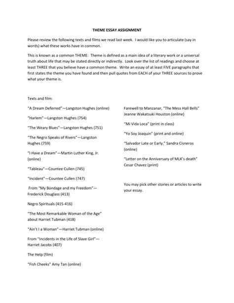 Theme Essay Assignment Mrspenalora Theme Essay Assignment Mrspenalora