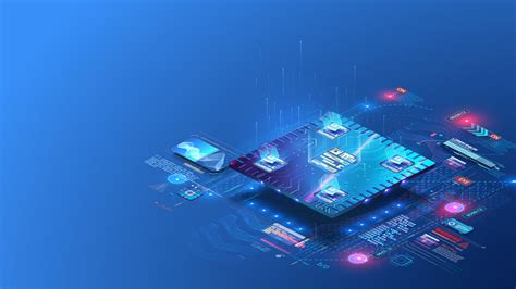 디지털 배경 큐브 상자 블록 체인은 숫자의 매트릭스로 구성되어 있습니다 파란색 배경에 조명이 있는 미래형 마이크로칩 Cpu