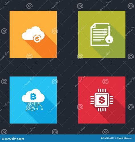 Set Cryptocurrency Cloud Mining Smart Contract And Processor Chip With Dollar Icon Vector