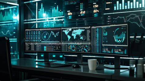High Tech Workstation With Multiple Computer Monitors Displaying Graphs And Analytical Data Ai