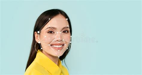 A Woman Smiles While A Facial Recognition Technology Overlay Maps Her