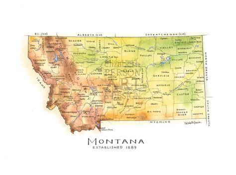Montana State Map Watercolor Illustration Elizabeth Person Art