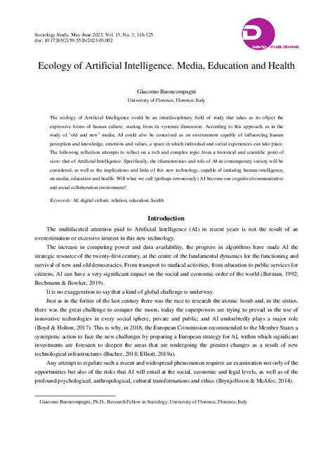 Pdf Ecology Of Artificial Intelligence Media Education And Health