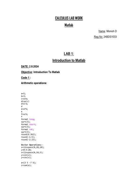 Calculus Lab Work Matlab Week 1 5 Pdf