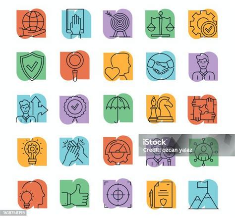 핵심 값 선 아이콘 편집 가능한 획 책임 정직 신뢰 품질 비전 무결성 개념에 대한 스톡 벡터 아트 및 기타 이미지 개념