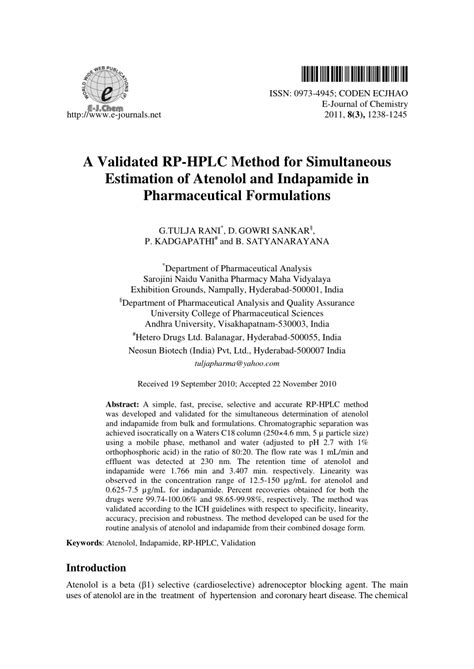 Pdf A Validated Rp Hplc Method For Simultaneous Estimation Of Atenolol And Indapamide In