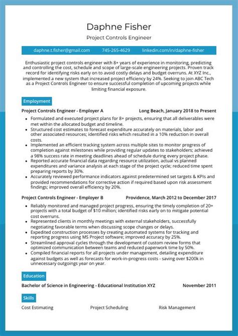 Project Controls Engineer Resume Cv Example And Writing Guide