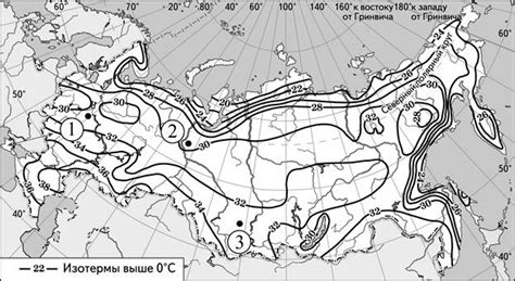 С помощью карты сравните значения средних многолетнихмаксимумов температуры воздуха в точках