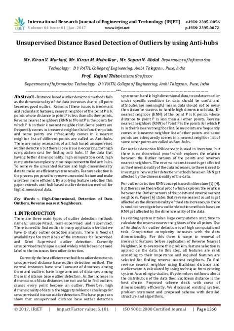 Pdf Irjet Unsupervised Distance Based Detection Of Outliers By Using