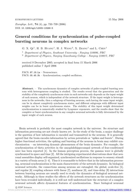 Pdf General Conditions For Synchronization Of Pulse Coupled Bursting Neurons In Complex Networks