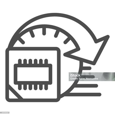 프로세서 오버로킹 라인 아이콘입니다 컴퓨터 마이크로 칩 고성능 기호 흰색 배경에 윤곽 스타일 그림 모바일 개념 웹 디자인에 대한 벤치마킹 기호 벡터 그래픽 Cpu에 대한