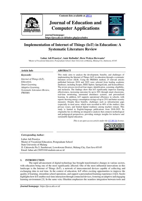 Pdf Implementation Of Internet Of Things Iot In Education A Systematic Literature Review