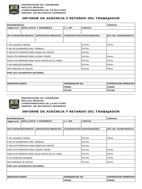 Formato De Ausencia Y Retardo Del Trabajador Pdf Business