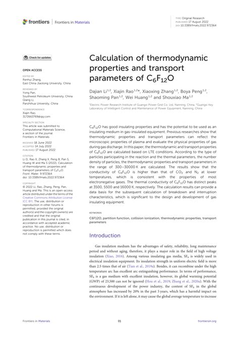 PDF Calculation Of Thermodynamic Properties And Transport Parameters Of C6F12O