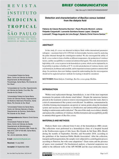 Pdf Detection And Characterization Of Bacillus Cereus Isolated From The Dialysis Fluid
