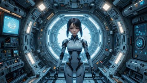 An Android Girl Inside A Space Station Stock Illustration