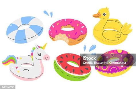 플랫 스타일로 수영 할 수있는 원을 설정하십시오 고무 링 풍선 링 컬렉션 유니콘 수박 오리 도넛 수영장 플로트에 대한 스톡 벡터 아트 및 기타 이미지 Istock