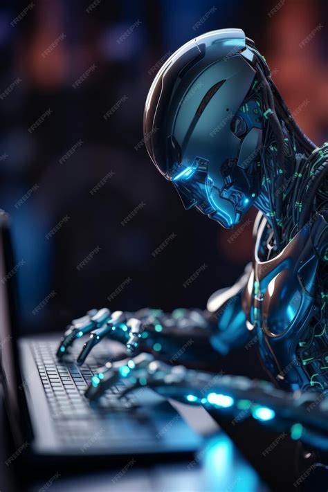 A Futuristic Robot Typing On A Computer Keyboard In A Dimly Lit Workspace During The Night