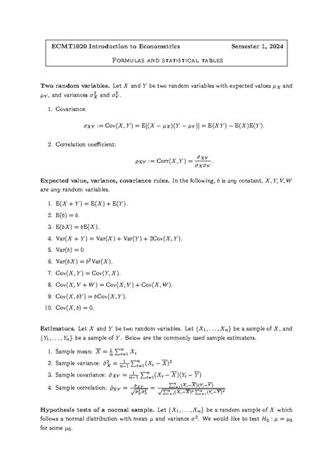 Final Exam Formula Sheet Ecmt1020 Introduction To Econometrics Semester 1 2024 Formulas And