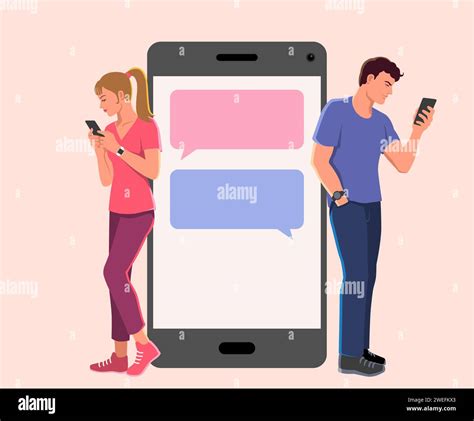 Simple Flat Vector Illustration Of Man And Woman Chatting Messaging Using Their Mobile Phone