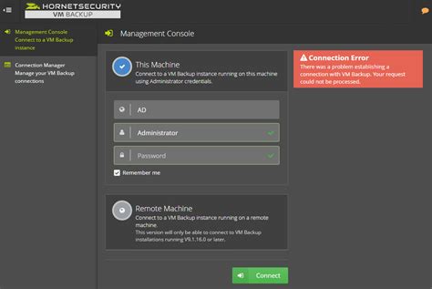 cannot connect to vm backup console due to a connection error