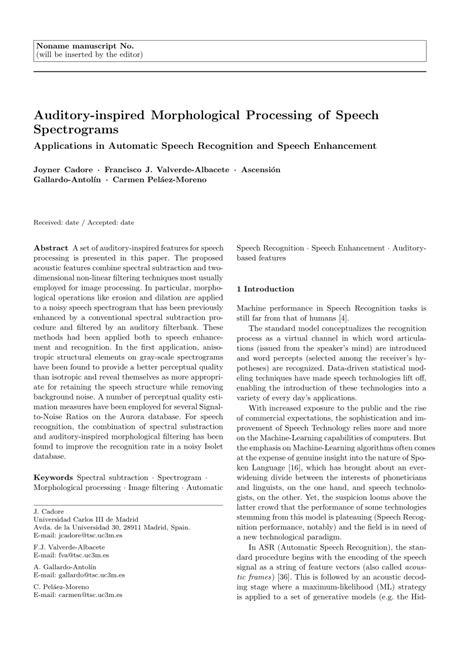 Pdf Auditory Inspired Morphological Processing Of Speech Spectrograms