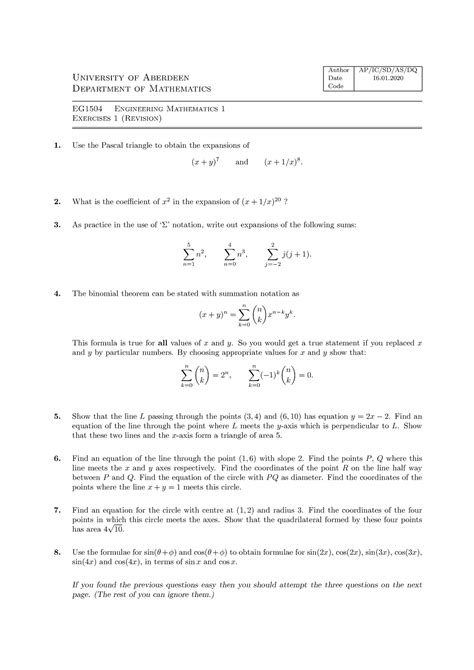 Ex1ans Mathematics Exercises University Of Aberdeen Department Of