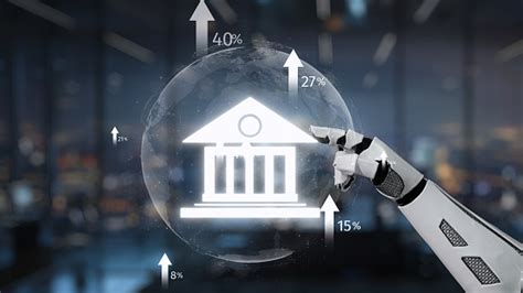 디지털 금융 성장 차트와 상호 작용하는 로봇의 미래 지향적인 손과 은행 아이콘은 현대 비즈니스 환경에서 기술과 경제를 나타냅니다 오바나 0명에 대한 스톡 사진 및 기타