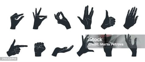 손 제스처 실루엣 세트 2 다양한 손 제스처 집합입니다 엄지 손가락 가리키는 손가락 주먹 하트 컵을 쥔 손 벡터 일러스트 레이 션 벡터에 대한 스톡 벡터 아트 및 기타