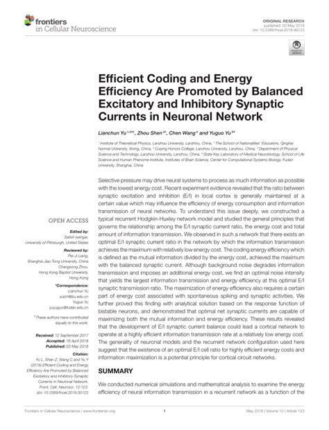 Pdf Efficient Coding And Energy Efficiency Are Promoted By Balanced Excitatory And Inhibitory