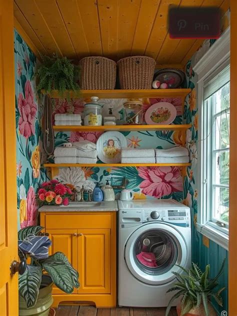 Small Laundry Room With Colorful Wallpaper