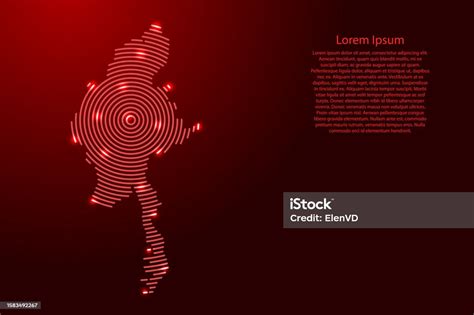 미얀마 지도는 미래의 동심원 빨간 원과 빛나는 별들로 배너 포스터 인사말 카드를 만든다 0명에 대한 스톡 벡터 아트 및 기타