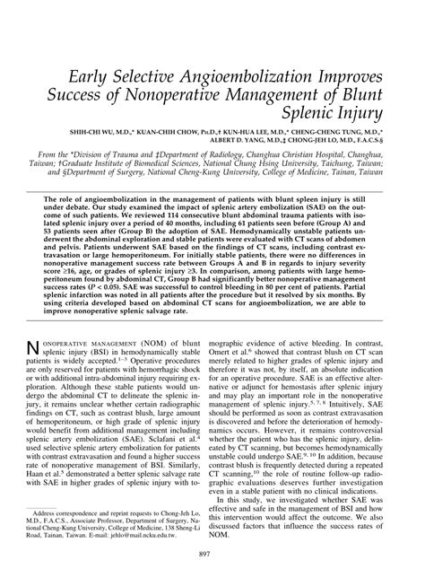 Pdf Early Selective Angioembolization Improves Success Of Nonoperative Management Of Blunt