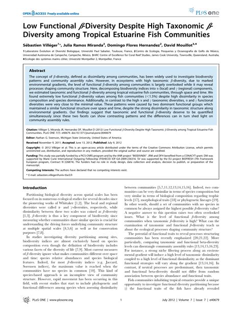 Pdf Low Functional β Diversity Despite High Taxonomic β Diversity Among Tropical Estuarine