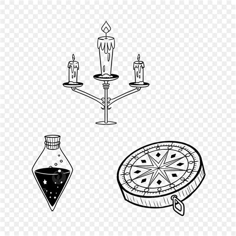 Hand Drawn Candlestick Compass Potion Bottle Line Drawing Illustration