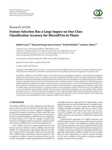 Pdf Feature Selection Has A Large Impact On One Class Classification Accuracy For Micrornas In