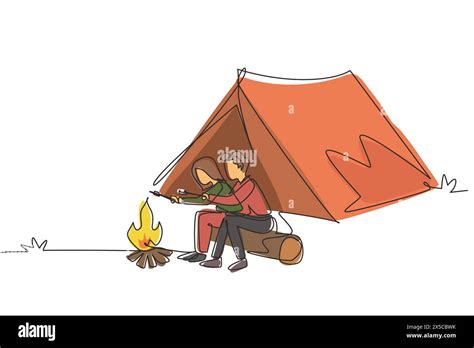 Single One Line Drawing Happy Romantic Couple Summer Camp Man Woman
