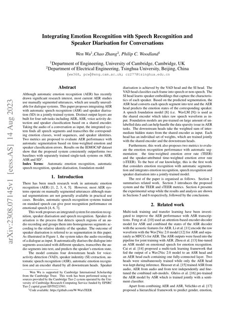 Pdf Integrating Emotion Recognition With Speech Recognition And Speaker Diarisation For