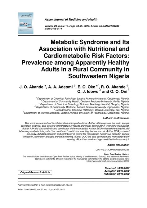 Pdf Metabolic Syndrome And Its Association With Nutritional And Cardiometabolic Risk Factors