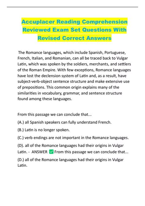Accuplacer Reading Comprehension Reviewed Exam Set Questions With