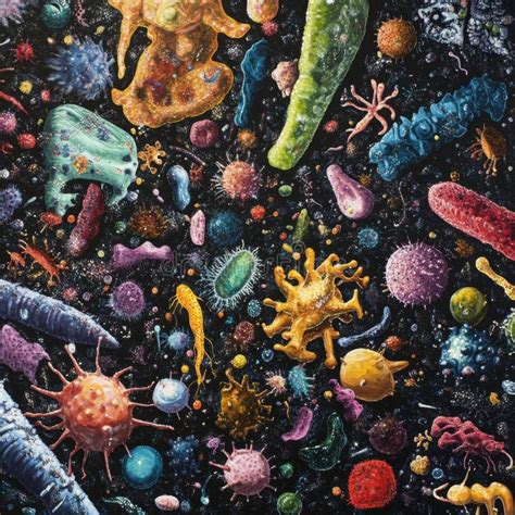 Diverse Array Of Bacteria And Microbes Thriving In Microscopic Environment With Vibrant Colors
