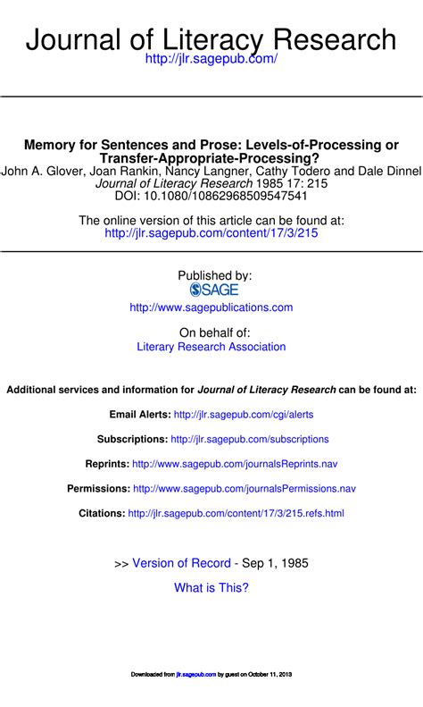 Pdf Memory For Sentences And Prose Levels Of Processing Or Transfer